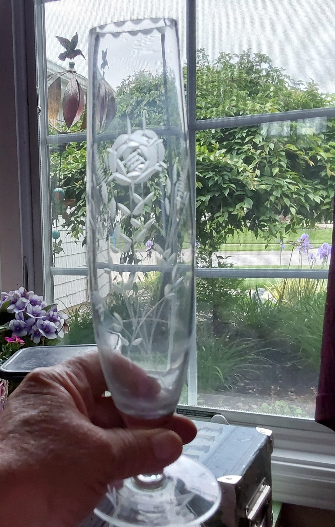 A 9 Inch Tall Crystal Ball Stemmed Bud Vase That Has Etched Roses on ...