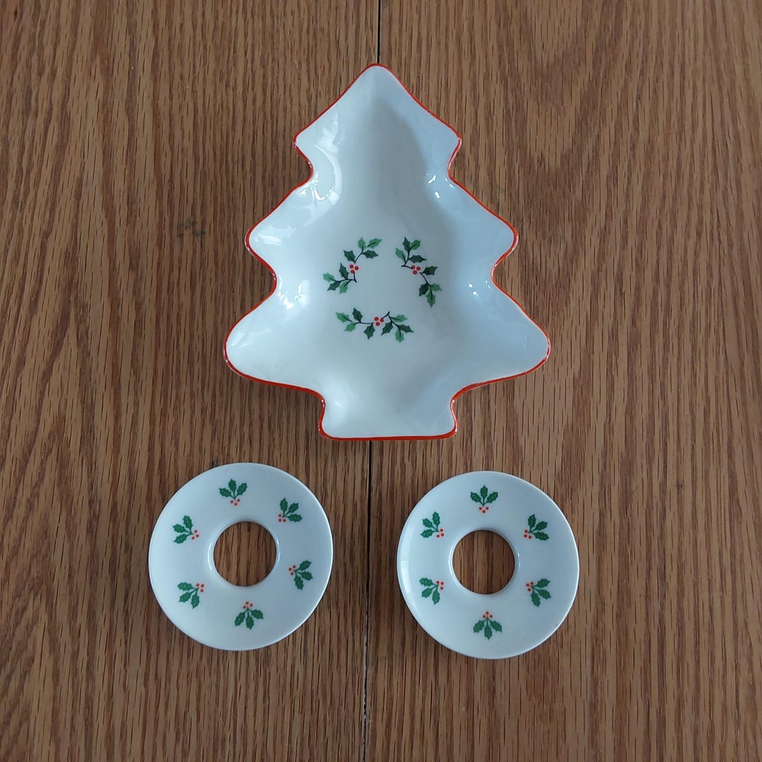 Trio of White Porcelain in a Christmas Tree Shaped Candy Dish Trimmed ...