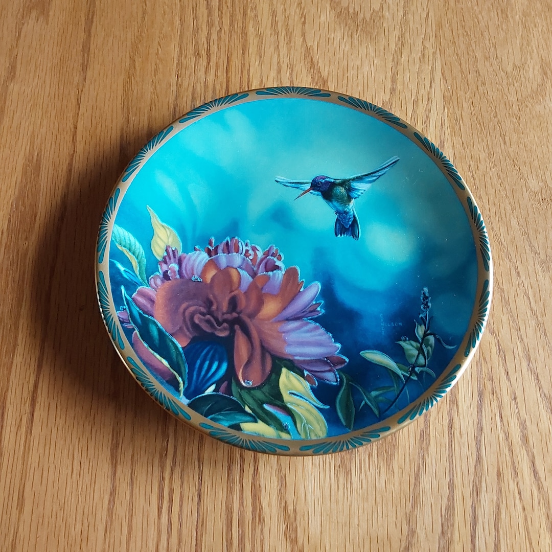 White-eared Hummingbird and Peonies, on a 1991 Pickard Bradex Issued ...