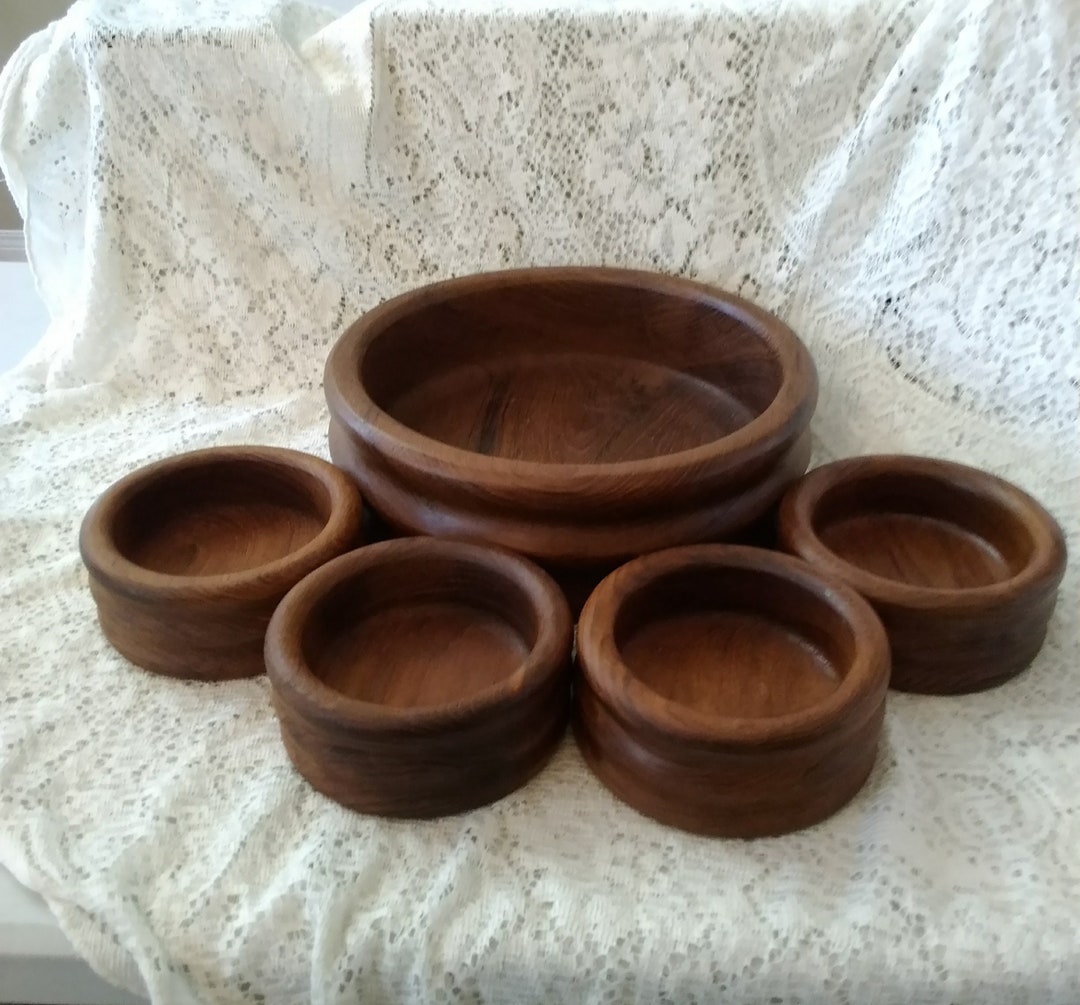A 5 Piece Dolphin Teakwood Salad Bowl Set From Thailand, 1 Serving Bowl ...