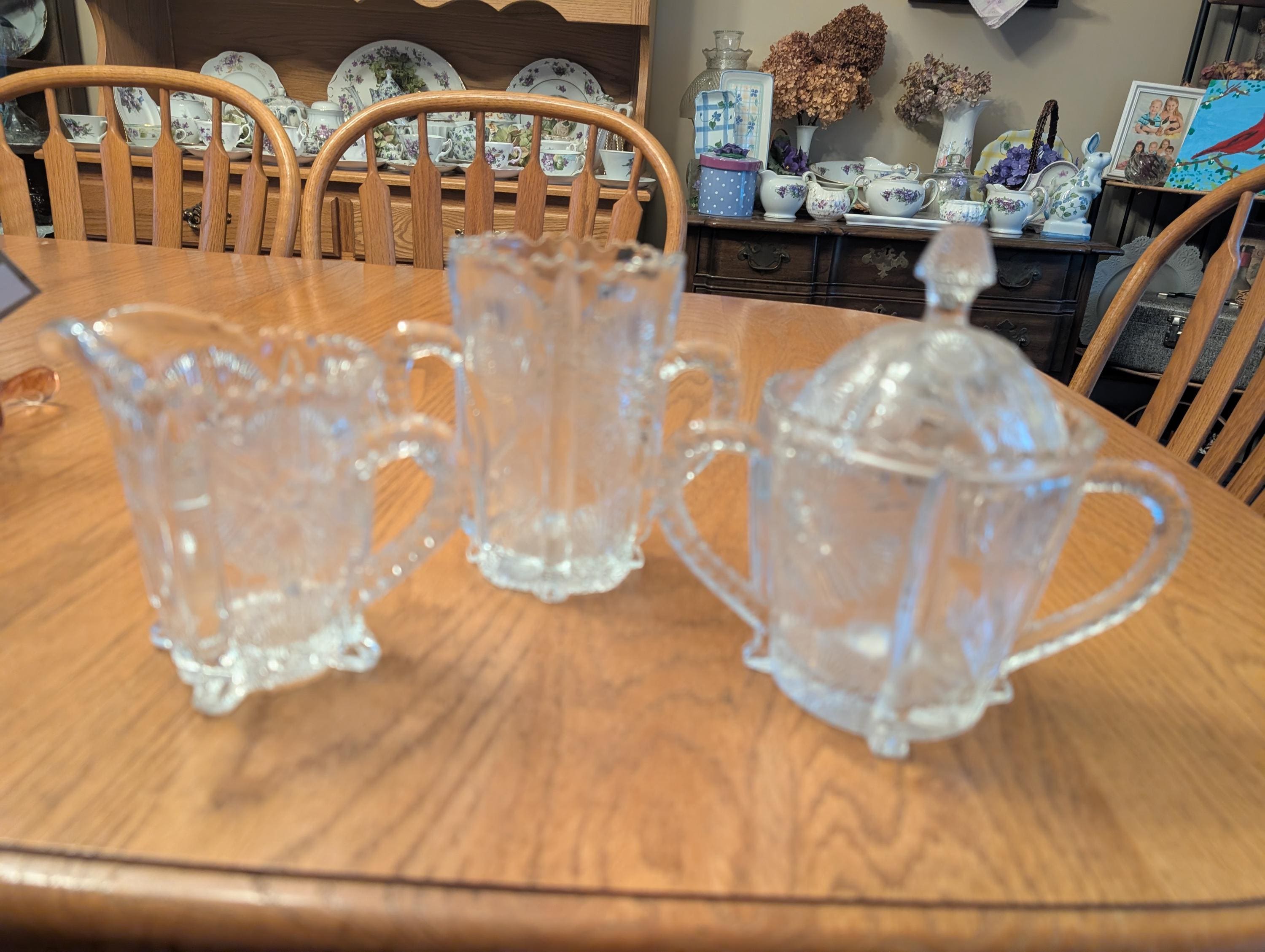 An Antique Higbee Glass Clear Footed Glass Matching Set of a Lidded ...