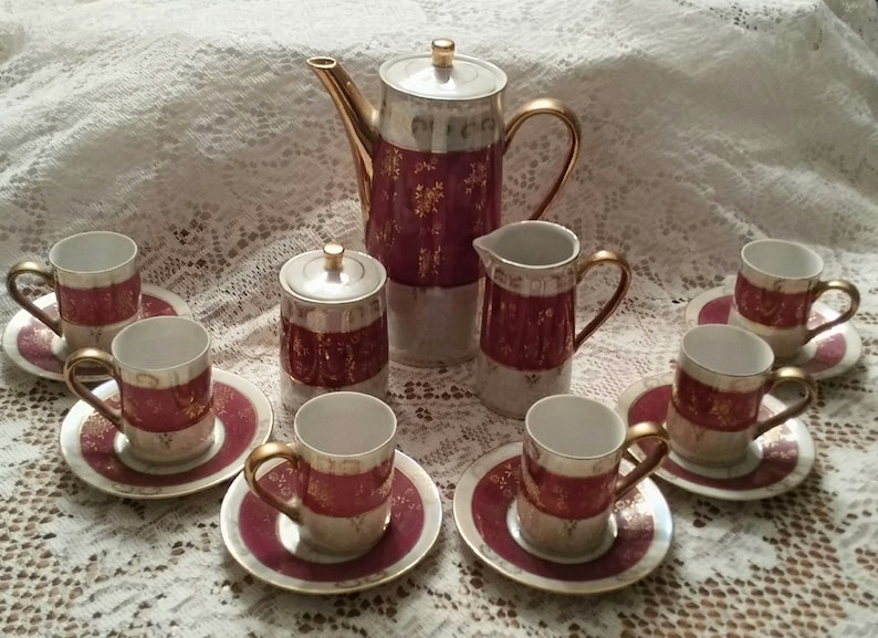 A 15 Piece Porcelain Tea Set in White Maroon and Gold - Etsy