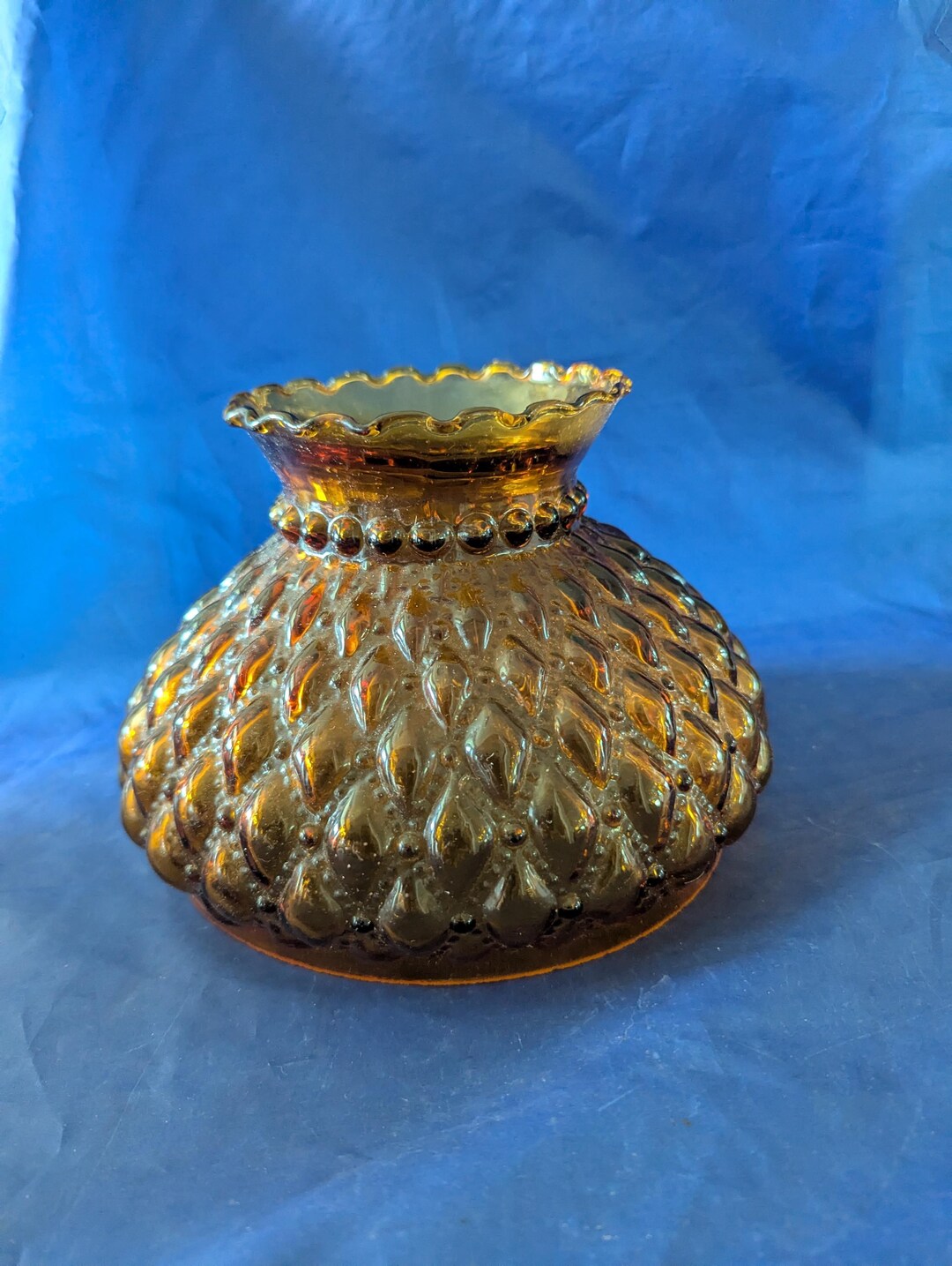 A Vintage Amber Quilted Glass Hurricane Oil Lamp Shade With a 7 Inch ...