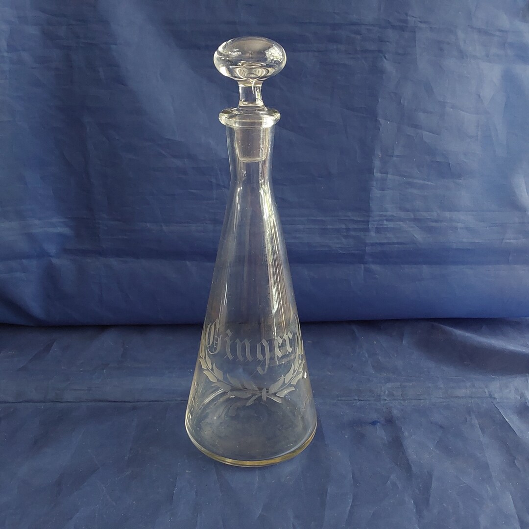 A Clear Glass 7" Tall Cruet Etched "ginger" With a Laurel Wreath Bough ...