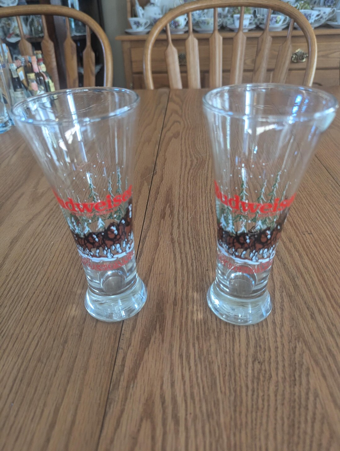 A Pair of 16 Oz Vintage Budweiser Clydesdale Christmas 1989 Winter Snow ...
