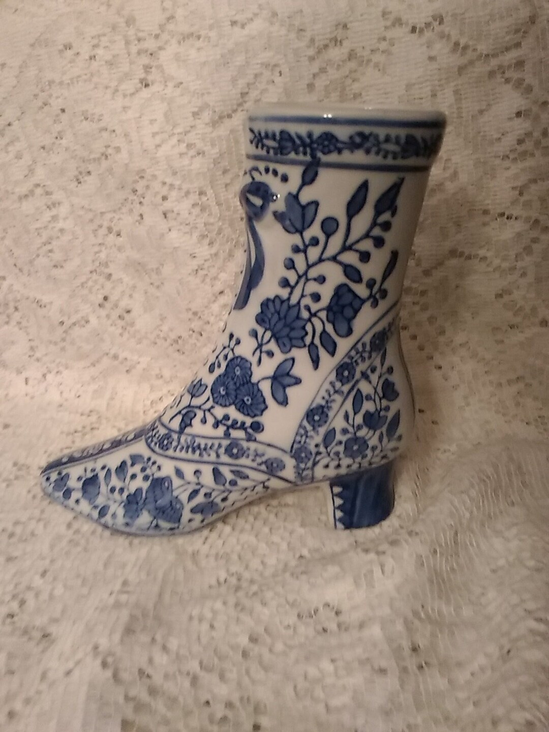 A High Top, Laced, High Heeled White With Blue Porcelain Cloisonne Boot ...