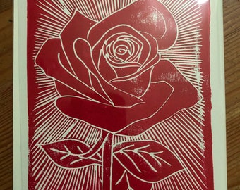 Rose Linocut Beautiful Greetings Card - Black and Red Flower Silhouette ...