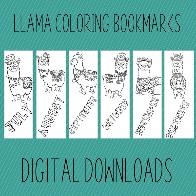 12 Monthly Llama Coloring Page Bookmarks - Coloring for Kids & Adults ...