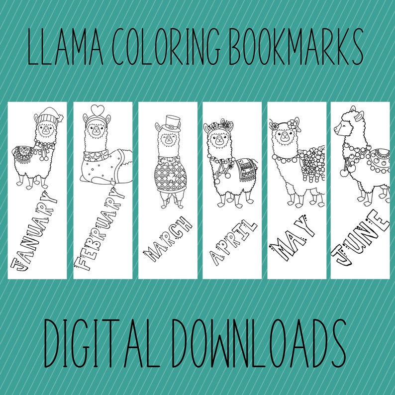 12 Monthly Llama Coloring Page Bookmarks - Coloring for Kids & Adults ...