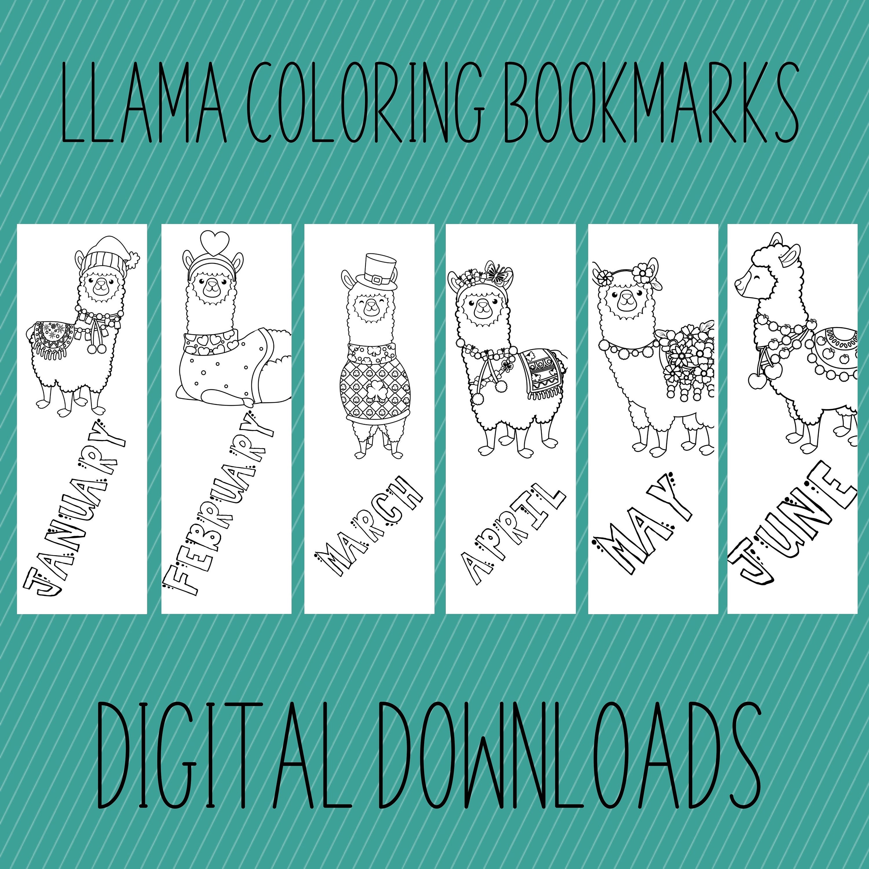 12 Monthly Llama Coloring Page Bookmarks - Coloring for Kids & Adults ...