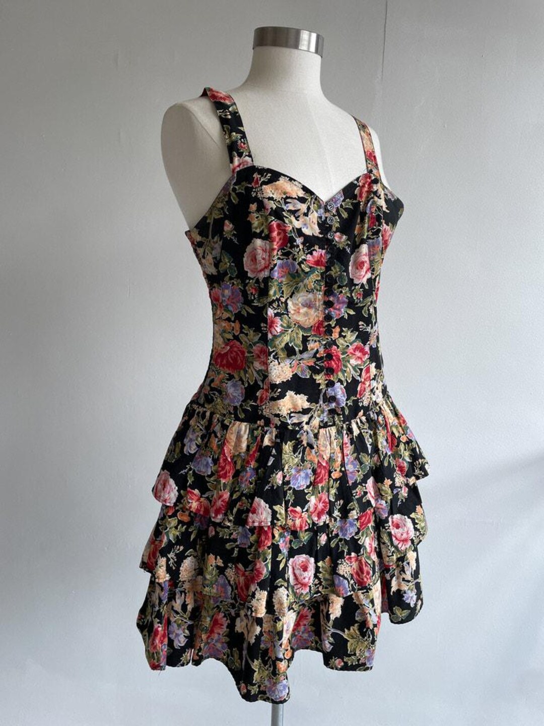 Vtg 90's Dark Floral Ruffled Sun Dress Size 10 Sleeveless Ruffle Bodice ...