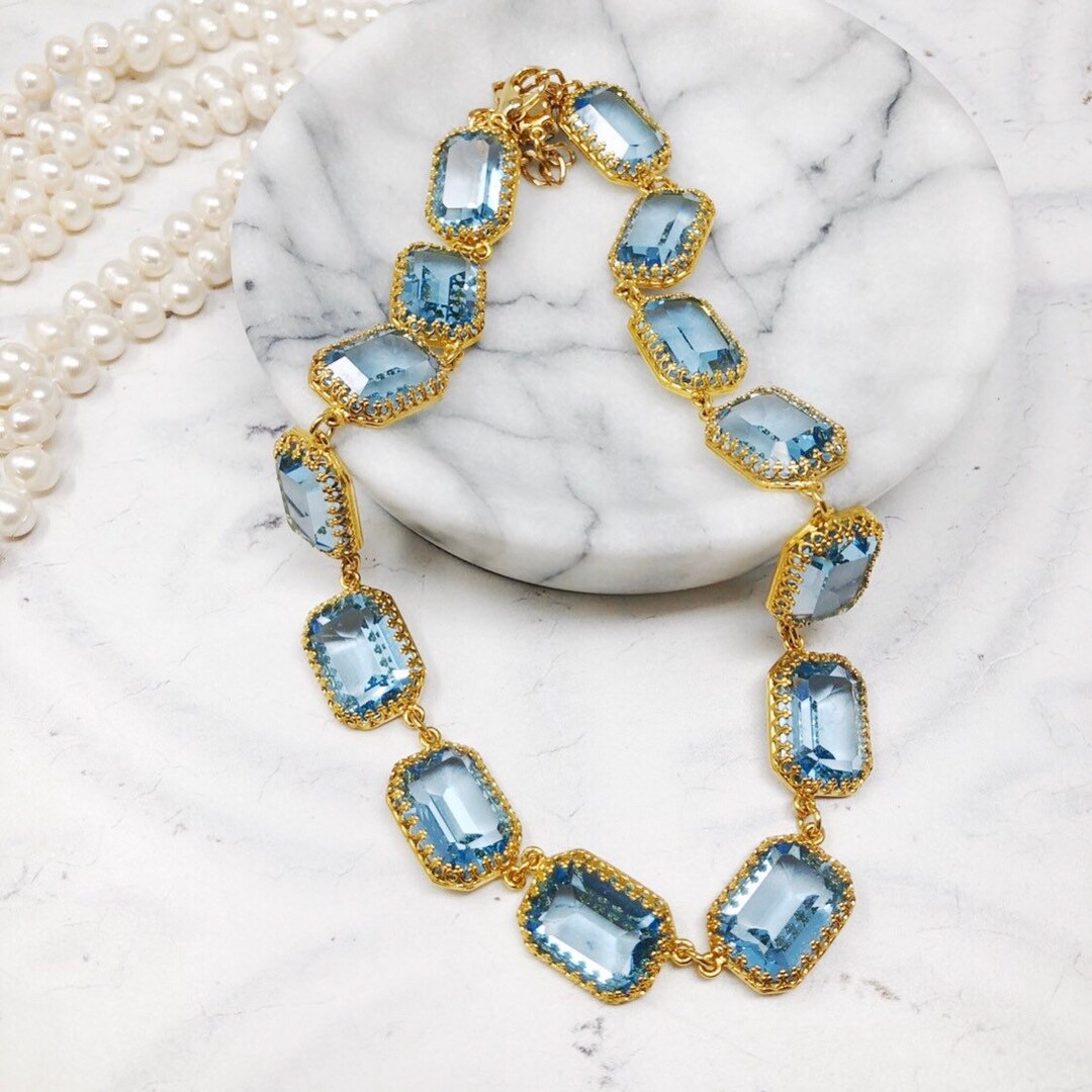 Anna Wintour Necklace, Aquamarine Austrian Crystal Collet, Riviere ...