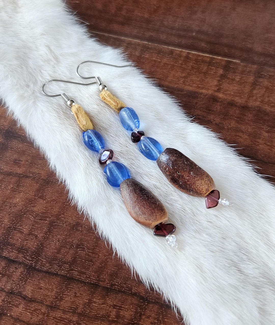 Handmade Dangle Earrings With Pine Nuts, Glass Beads, Leather Native ...