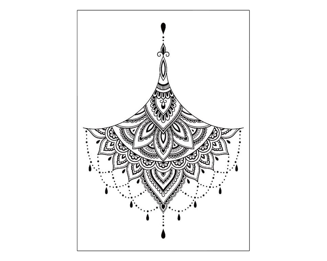 Lotus Mandala Temporary Tattoo Large Black Henna Chain Tear Drop Arabic ...