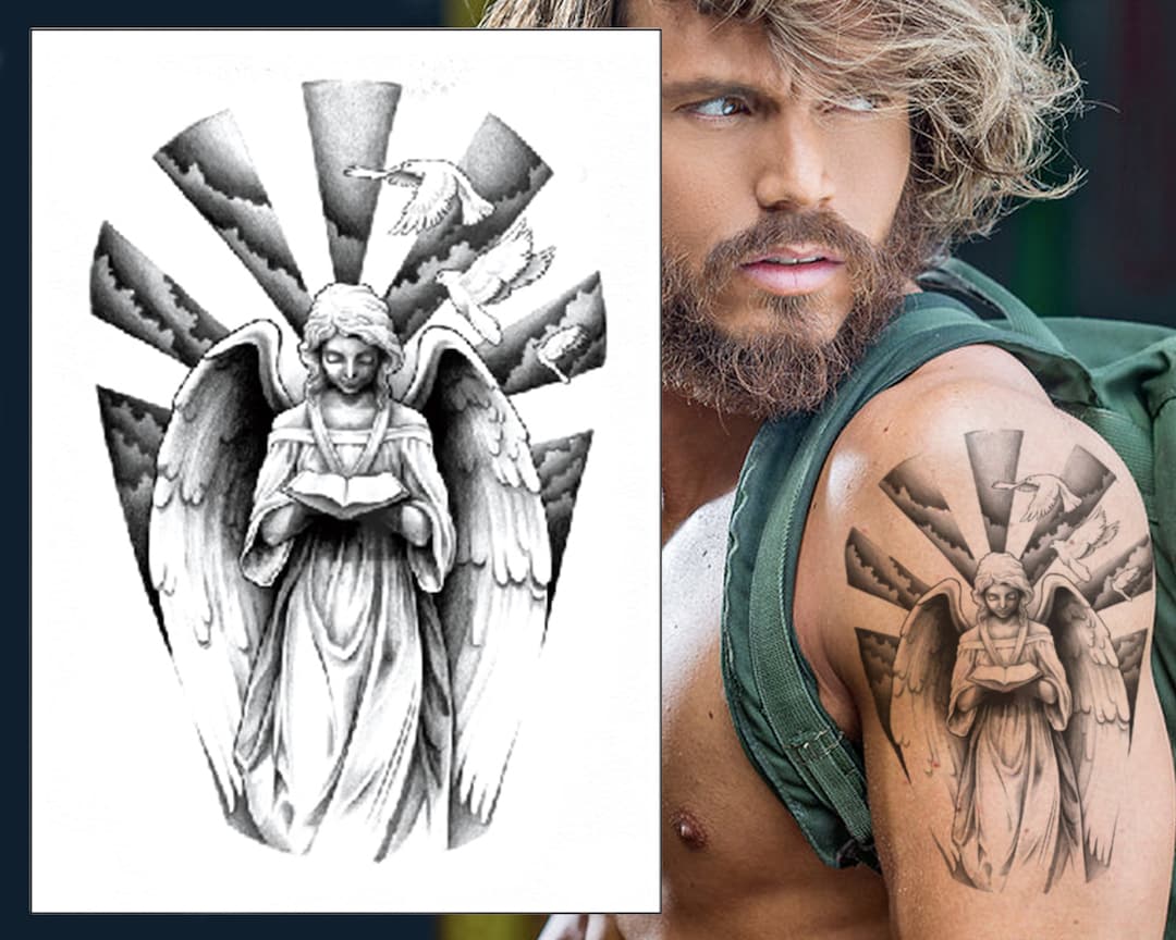 Angel & Doves Temporary Tattoo Sun Rays Flying Birds Wings Grey Shading ...