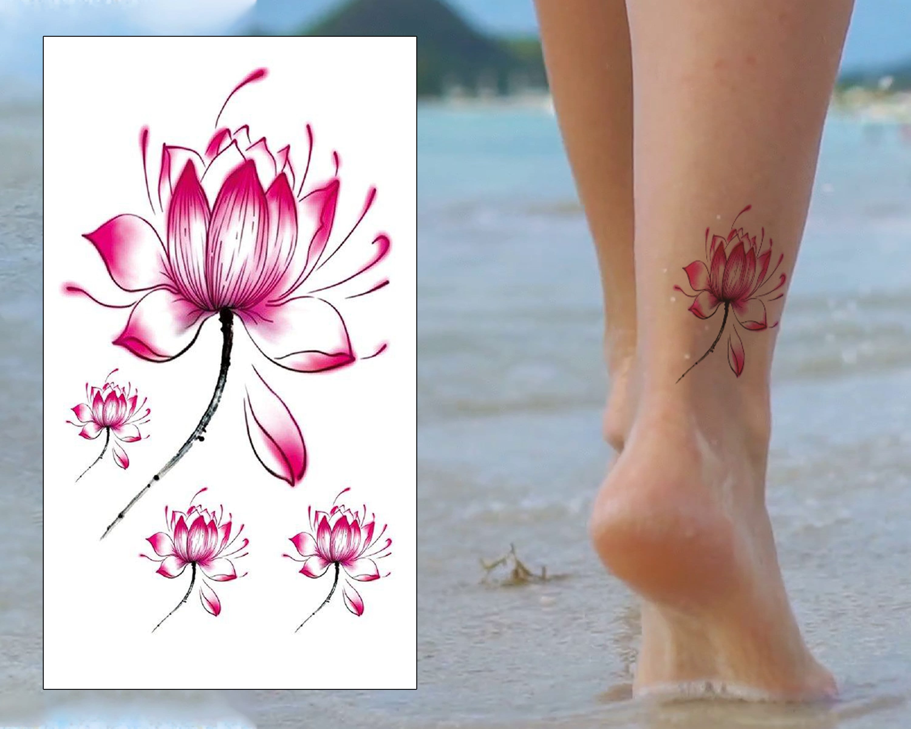 Pink Lotus Flower Temporary Tattoos 2 Sheets Ear Neck Etsy