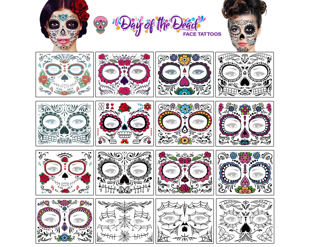 Day of the Dead Face Mask Temporary Tattoo Sets Día De Los Muertos ...
