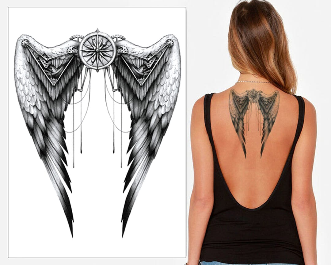 Mechanical Angel Wings Temporary Tattoo Transfer Grey Waterproof ...
