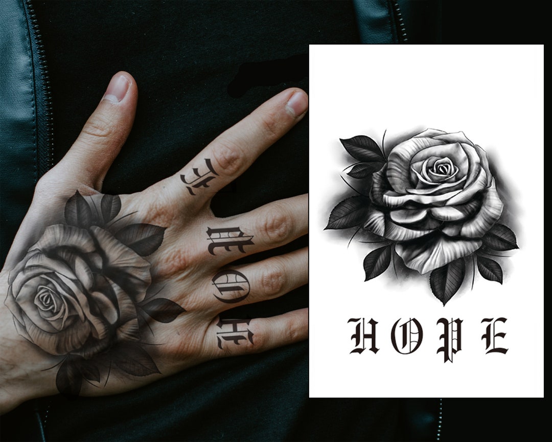 Rose Hand Temporary Tattoo Set Hope Letters Finger - Etsy