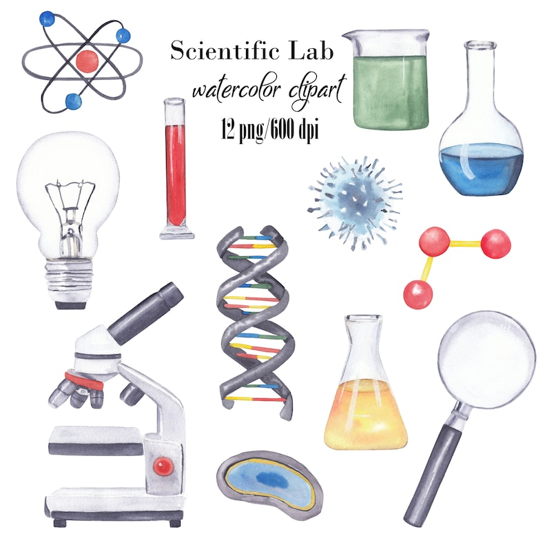 Science Watercolor Clipart: Lab, Microscope, Atom (PNG, 600 DPI) - Etsy