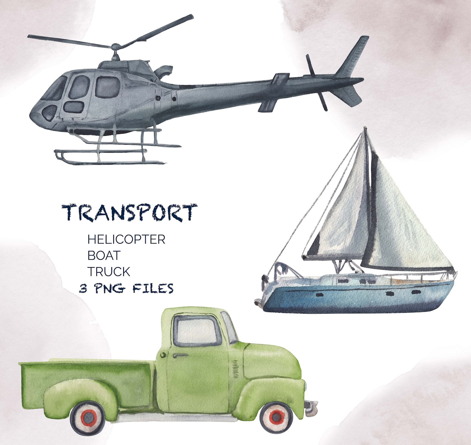 Transport Watercolor Clipart Boat Helicopter Truck Illustration Png ...