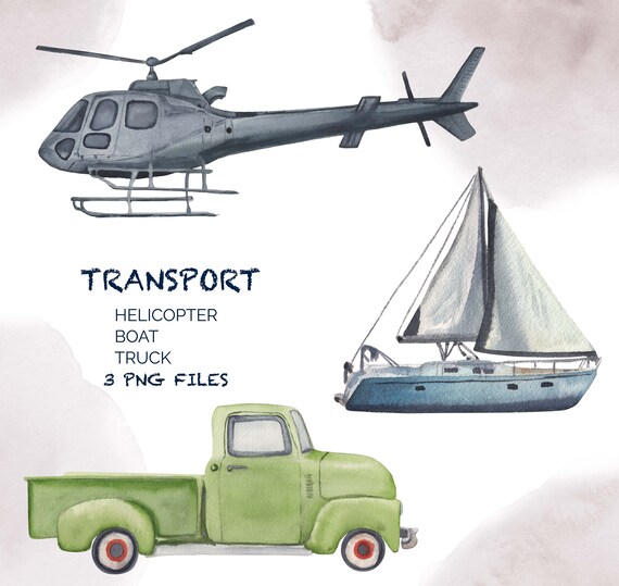 Transport Watercolor Clipart Boat Helicopter Truck | Etsy