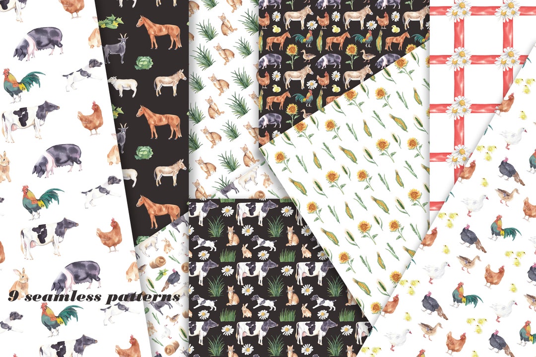 Watercolor Farm Digital Paper Seamless Patterns Watercolor Cute Animals ...