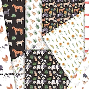 Watercolor Farm Digital Paper Seamless Patterns Watercolor Cute Animals ...