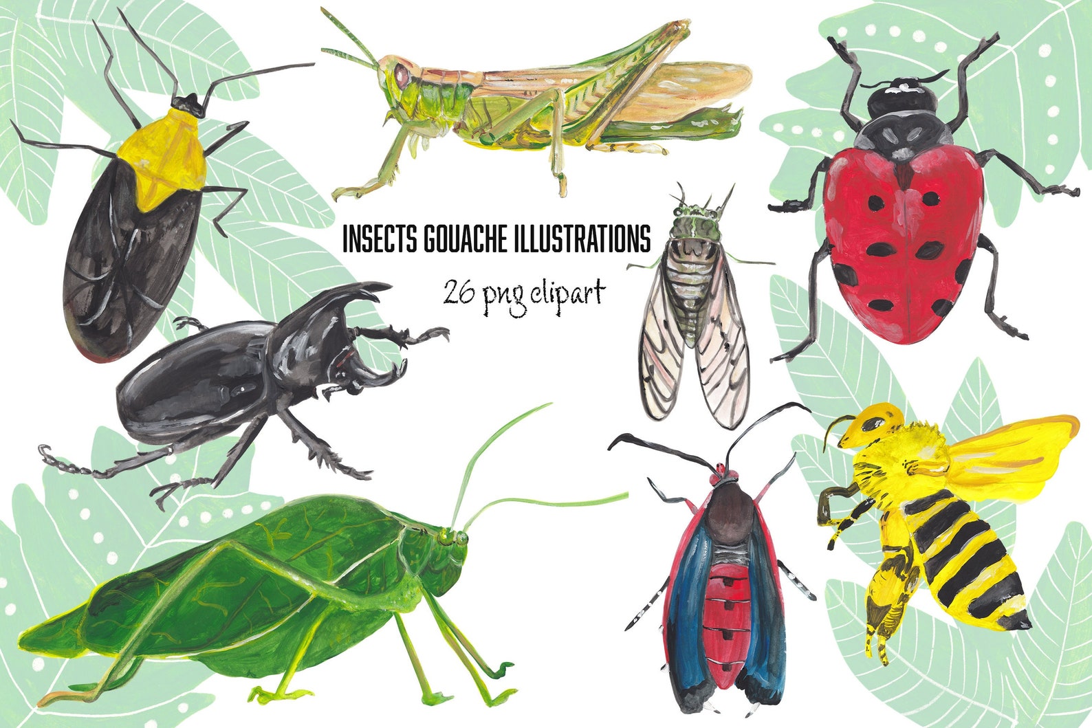 Insects Gouache Illustrations Opaque Watercolor Png Clipart Bug Beetle ...