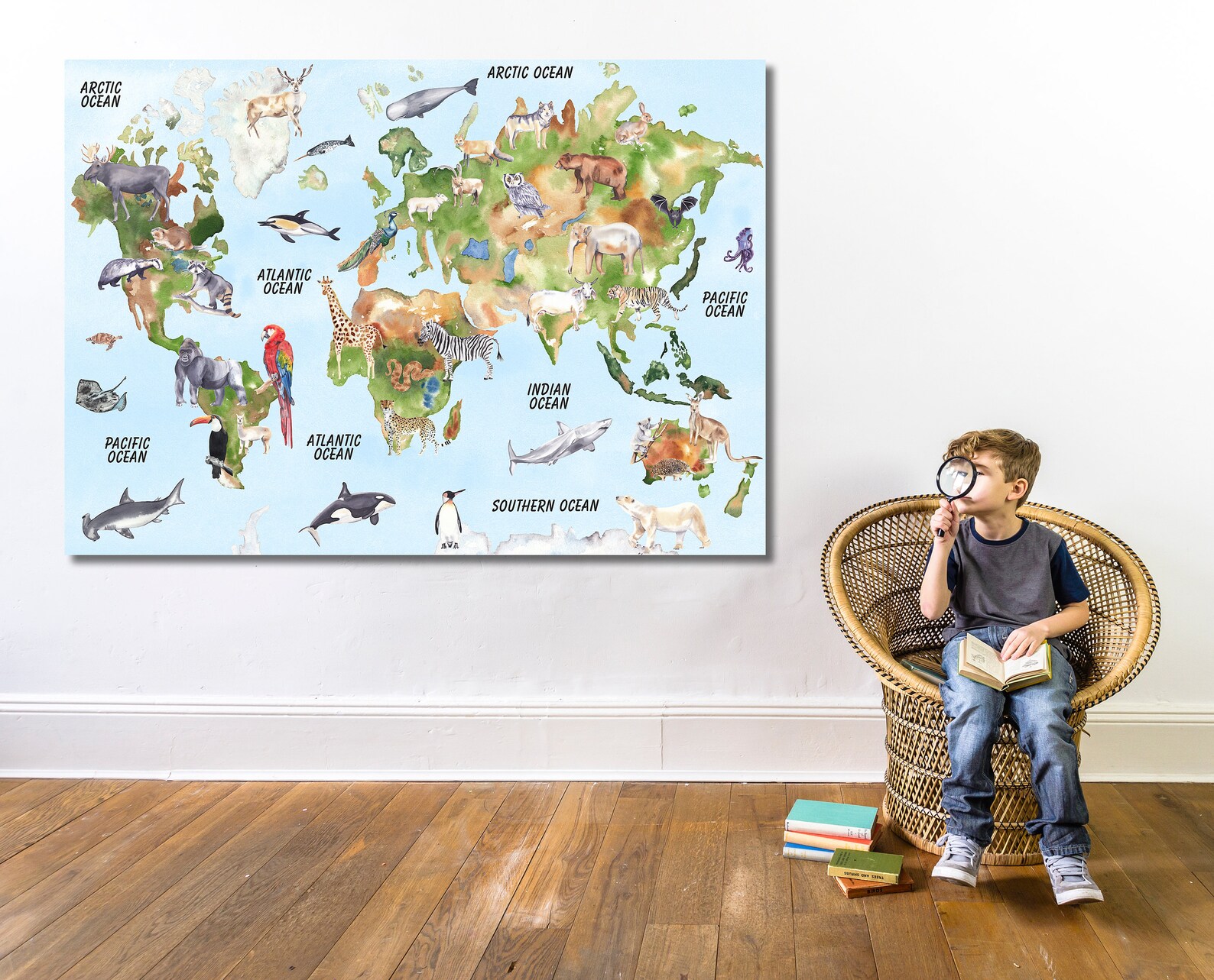 Printable Animal World Map Watercolor Animals Map Kids Poster Nursery ...
