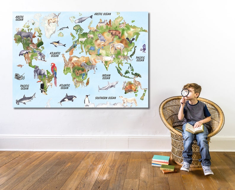 Printable Animal World Map Watercolor Animals Map Kids Poster Nursery ...