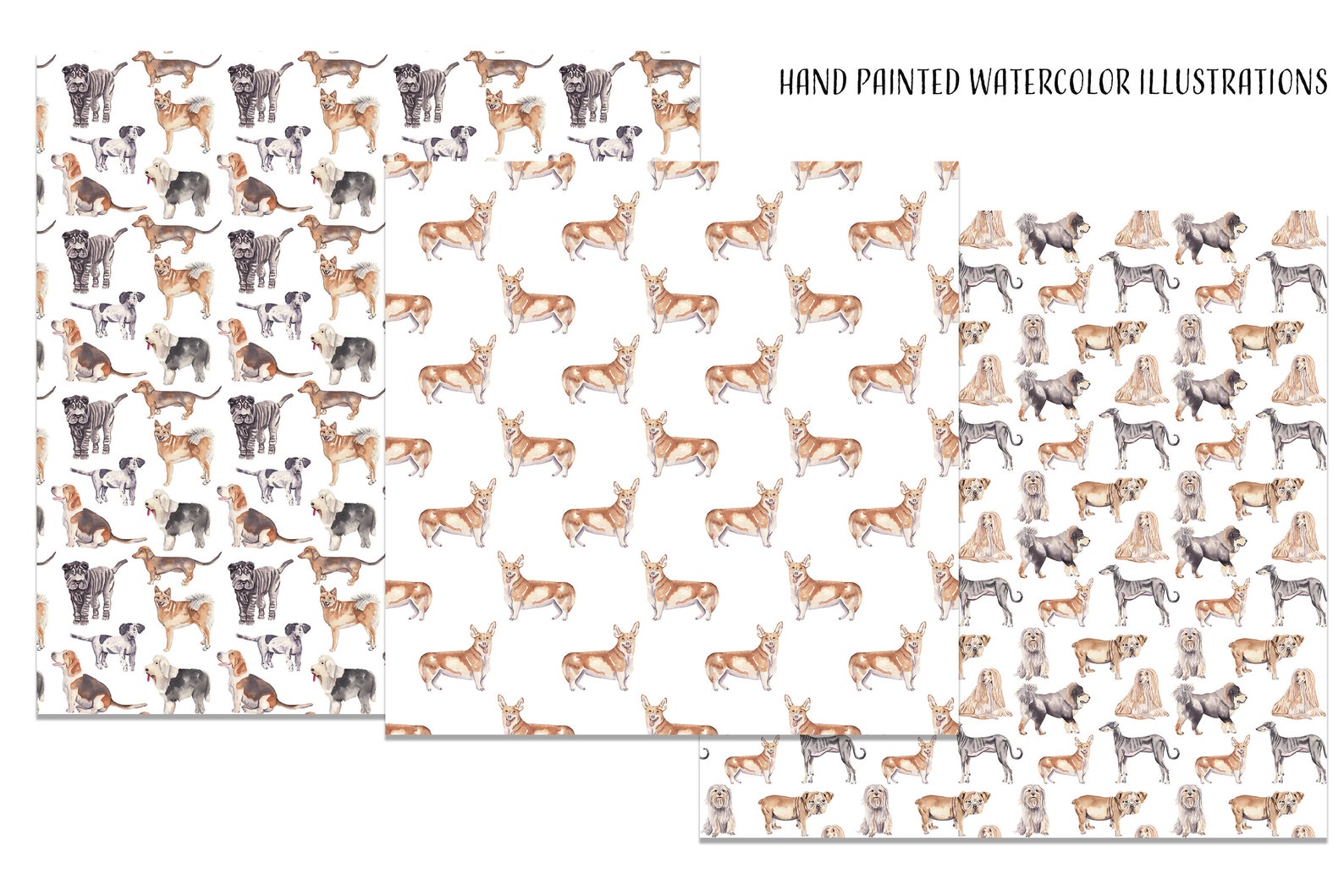 Dogs Digital Papers Watercolor Puppy Seamless Patterns Corgi English ...