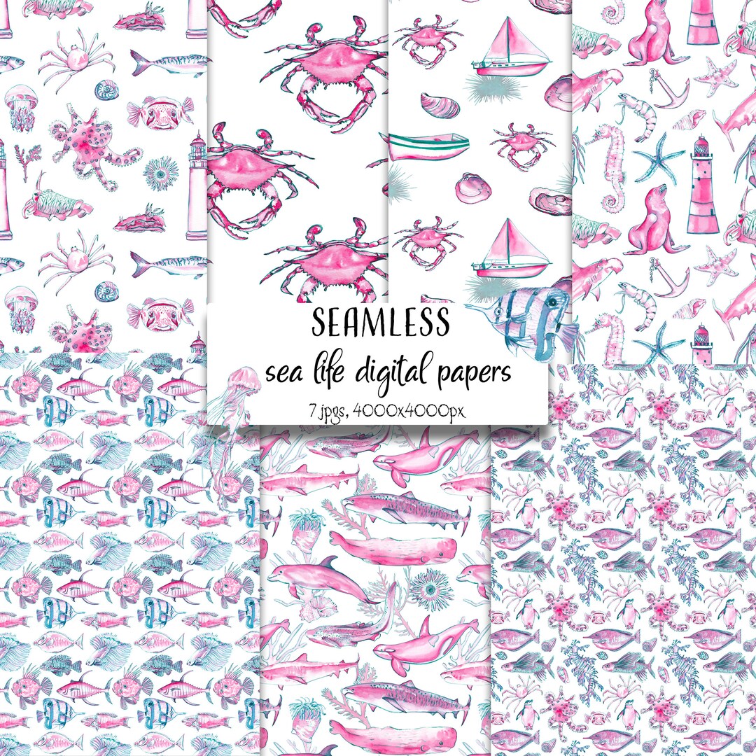 Seamless Patterns With Ocean Animals Watercolor Digital Papers ...