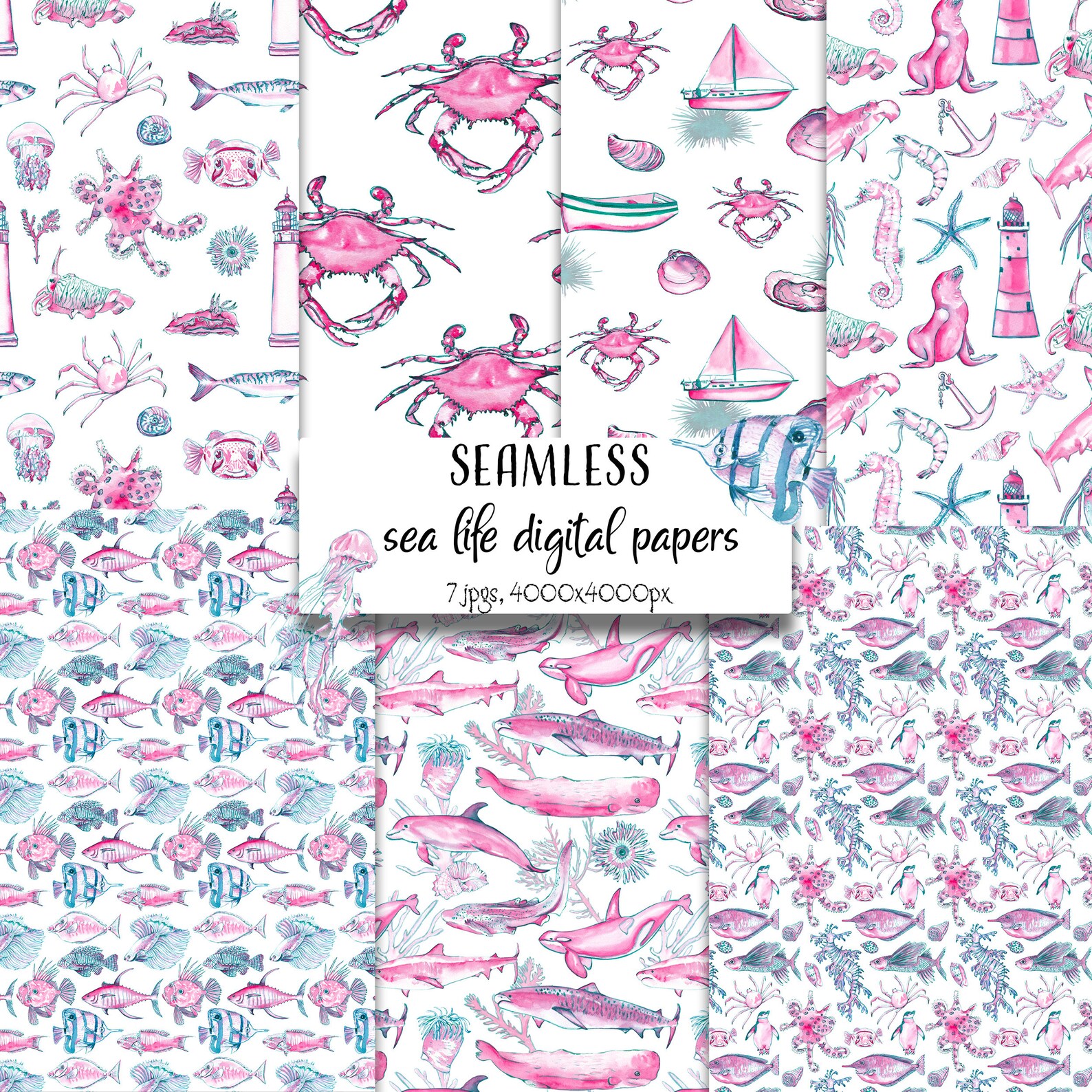Seamless Patterns With Ocean Animals Watercolor Digital Papers ...
