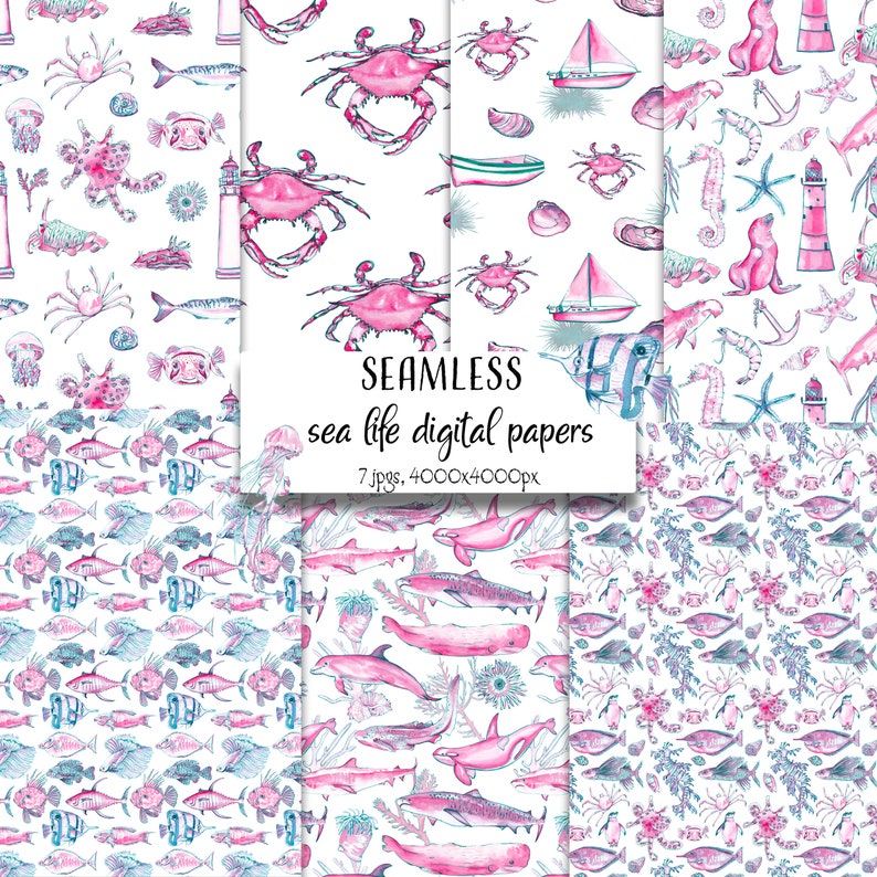 Seamless Patterns With Ocean Animals Watercolor Digital Papers ...