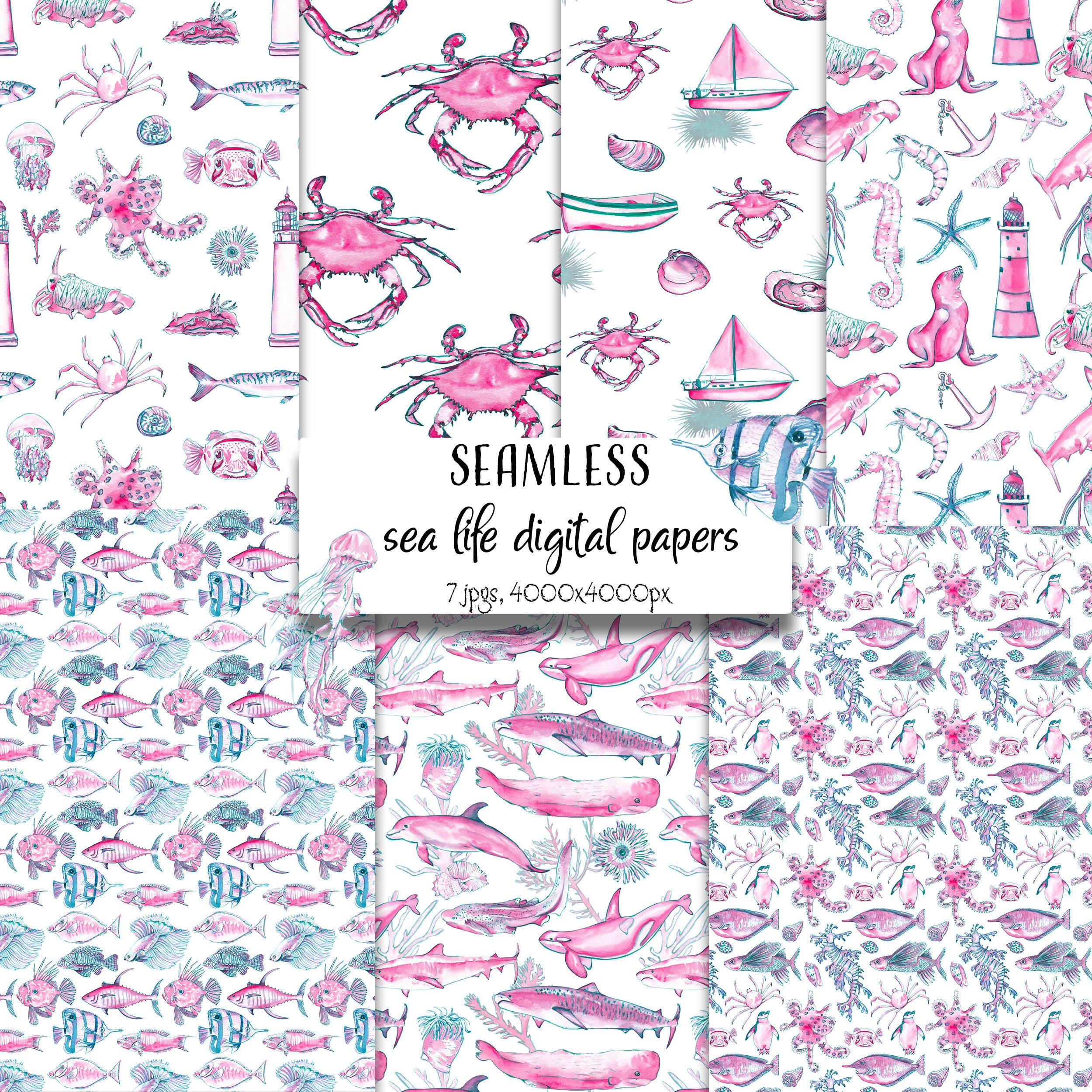 Seamless Patterns With Ocean Animals Watercolor Digital Papers ...