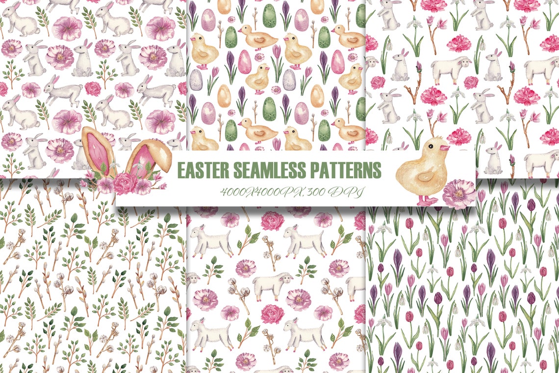 Easter Seamless Patterns, Bunny, Lamb, Flowers (digital Papers) - Etsy