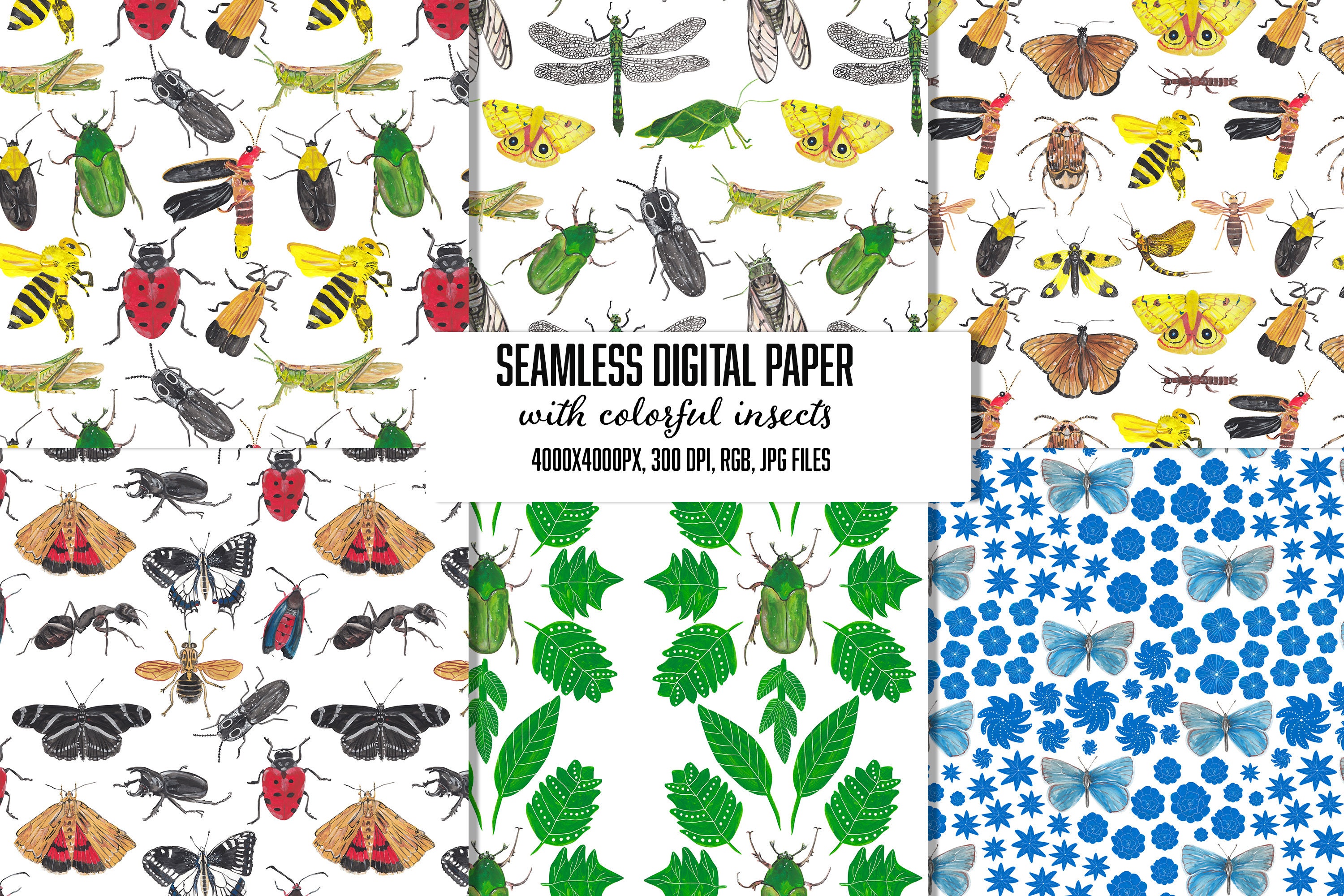 Seamless Digital JPG Papers With Colorful Insects Butterfly Bug Beetle ...