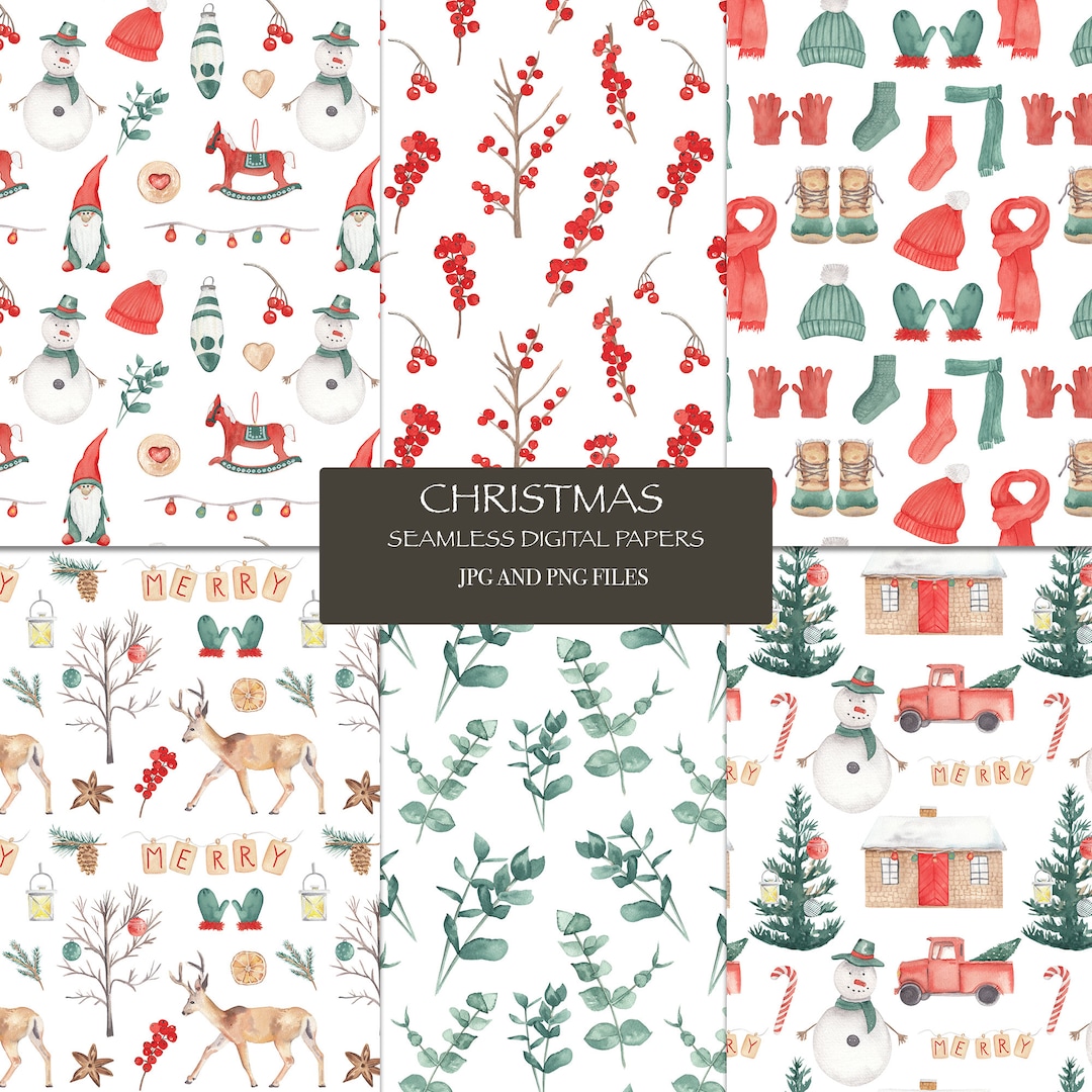 Christmas Seamless Patterns: Watercolor Winter Digital Paper (JPG & PNG ...