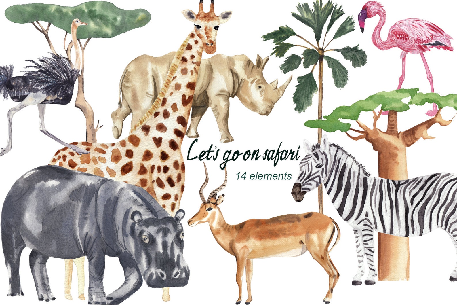 Watercolor Safari Animals Clip Art Print Digital Png Giraffe - Etsy