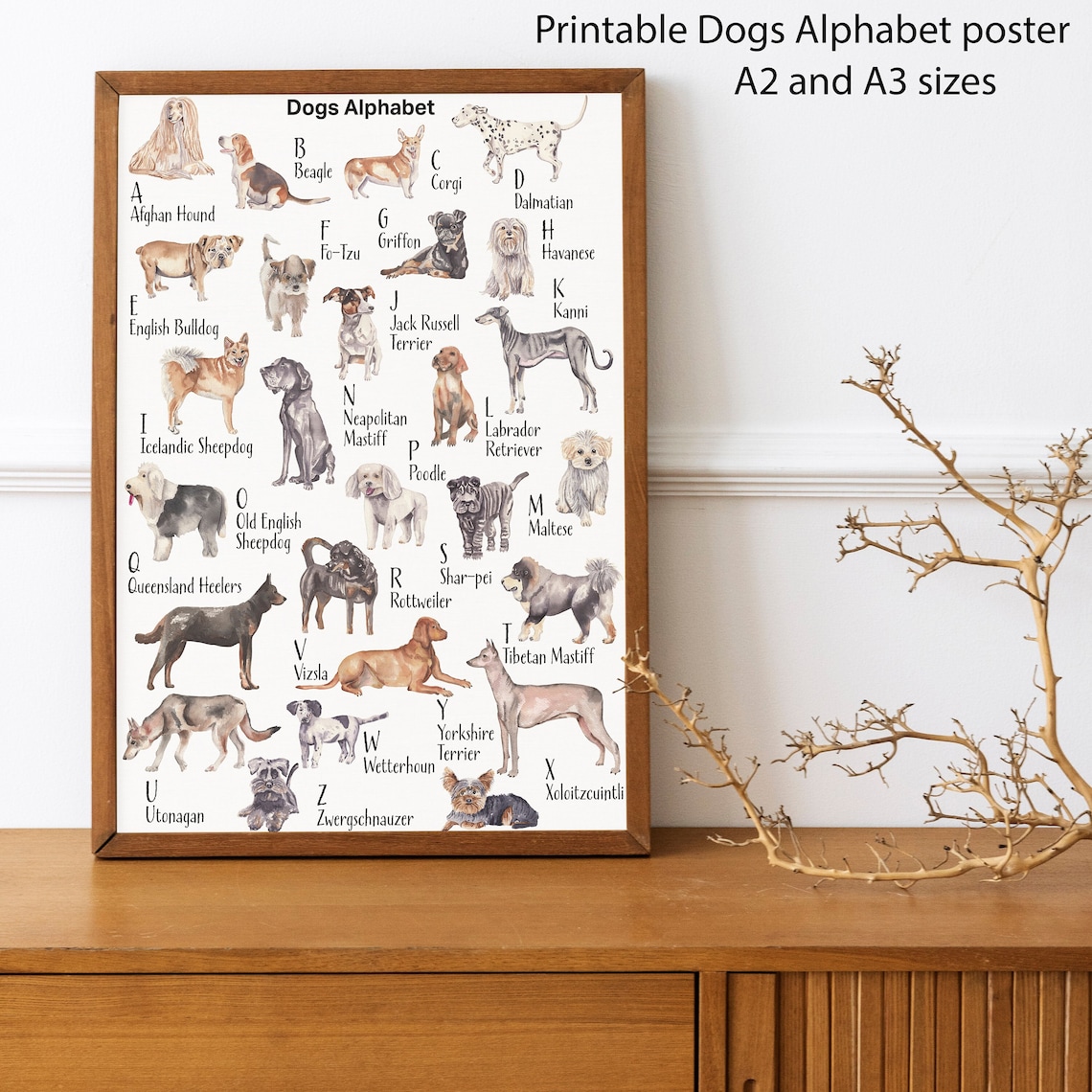 Printable Dogs Alphabet Poster ABC Dogs Breed Watercolor Wall Art ...