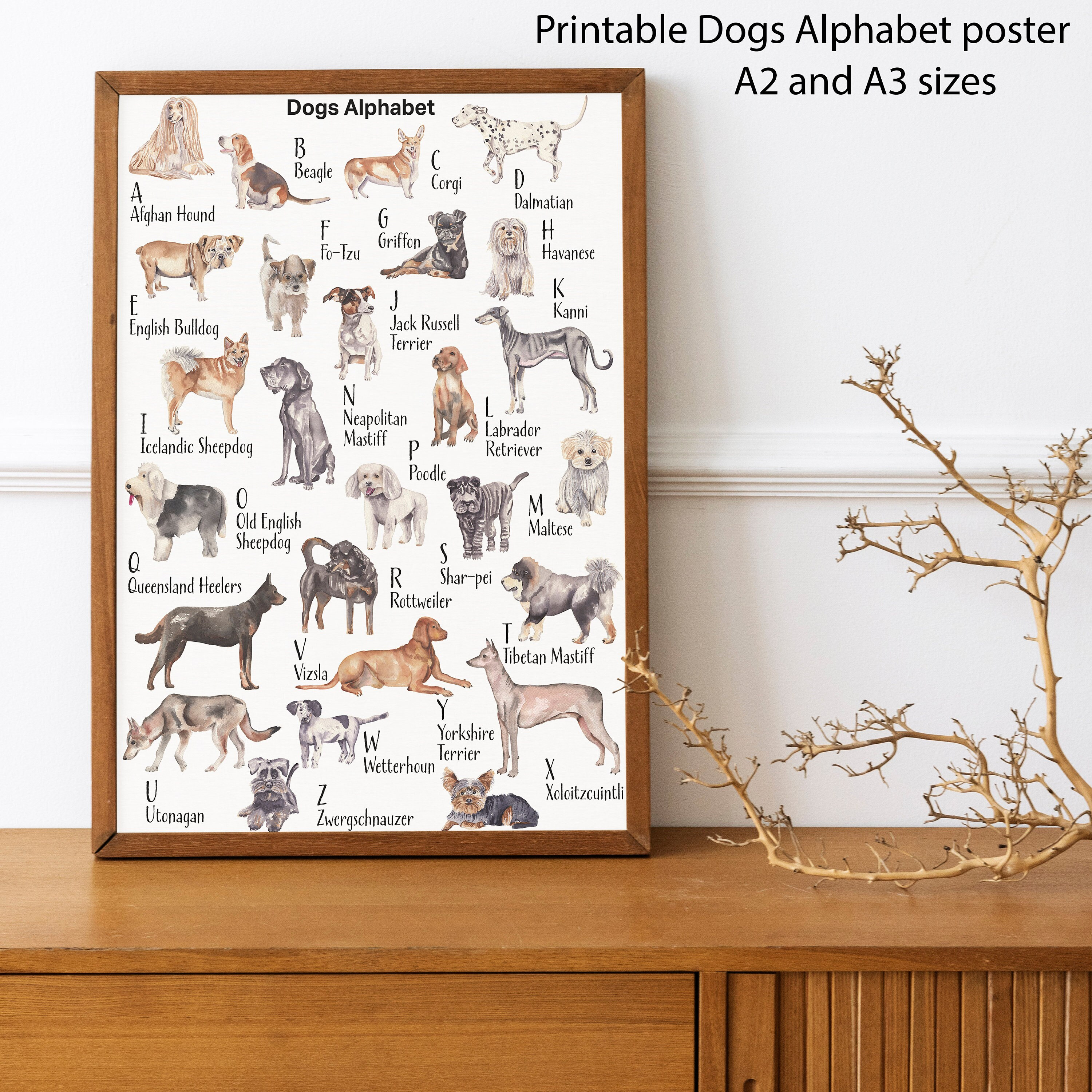 Printable Dogs Alphabet Poster ABC Dogs Breed Watercolor Wall Art ...