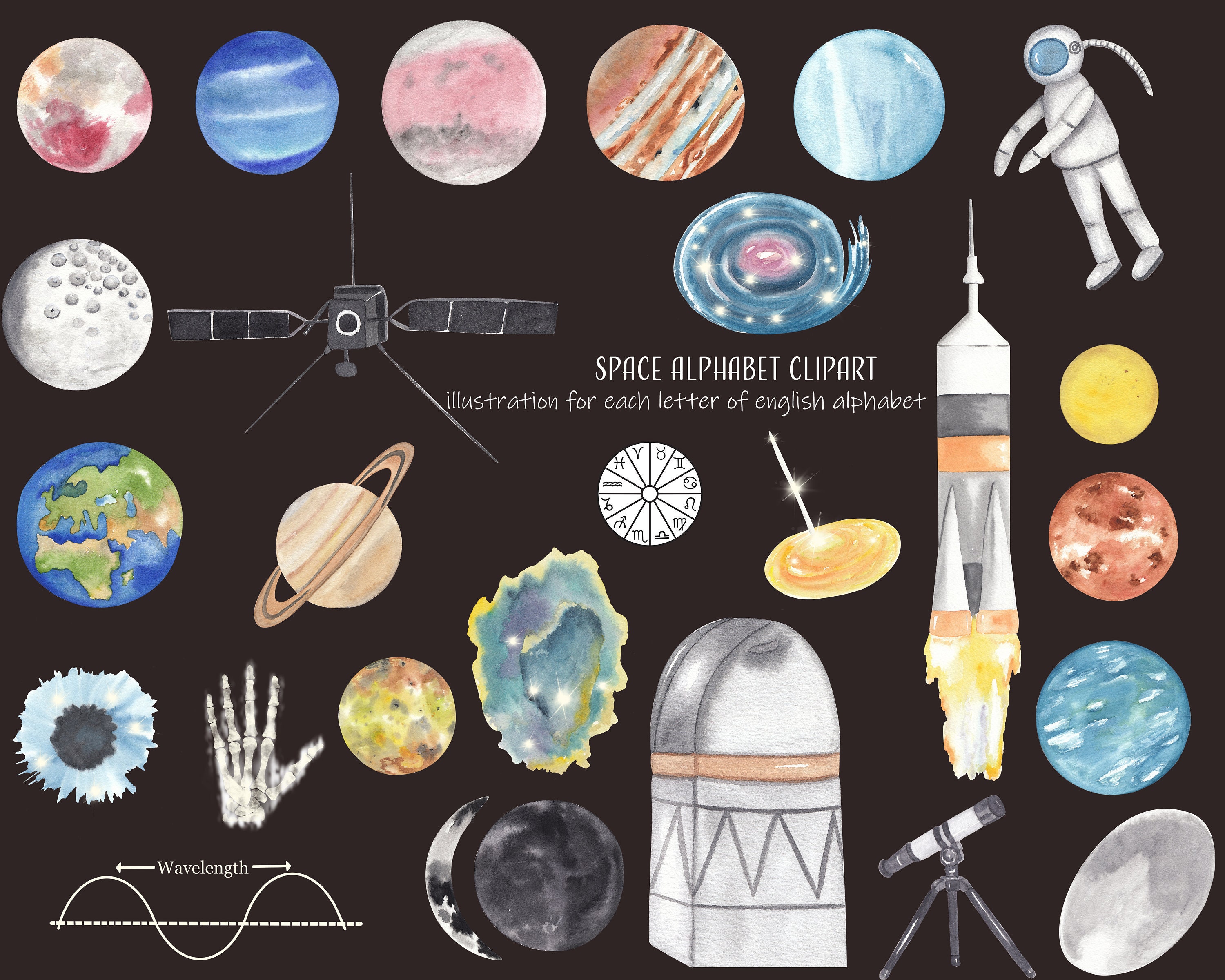 Watercolor Space Alphabet Clipart Png Digital Instant Download ...