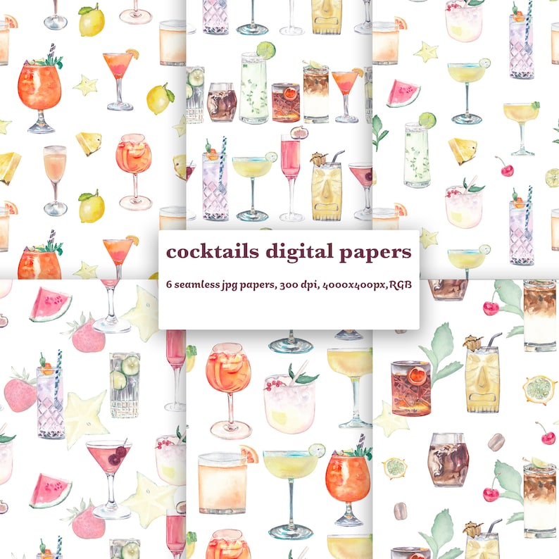 Cocktails Seamless Digital Papers Alcoholic Drinks and Beverages ...