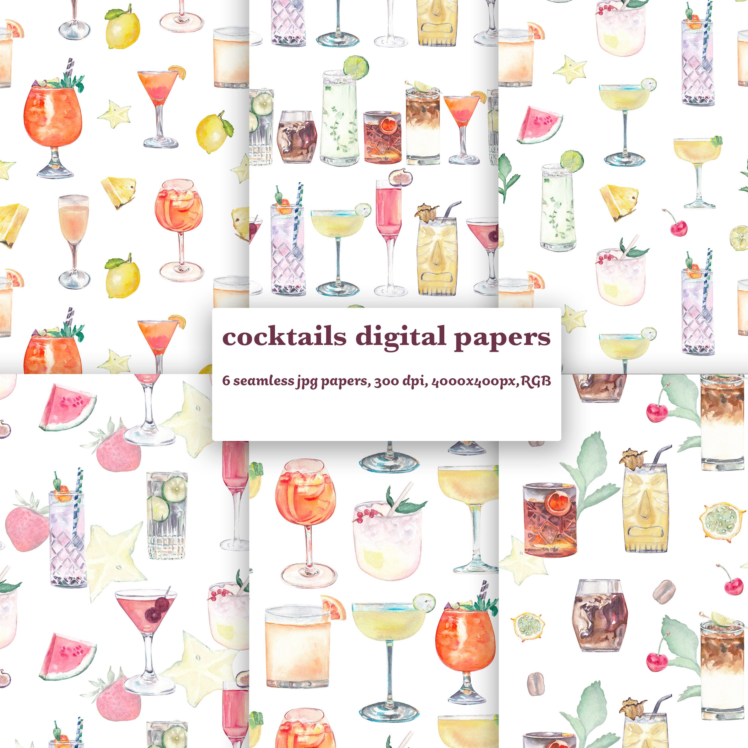 Cocktails Seamless Digital Papers Alcoholic Drinks and Beverages ...