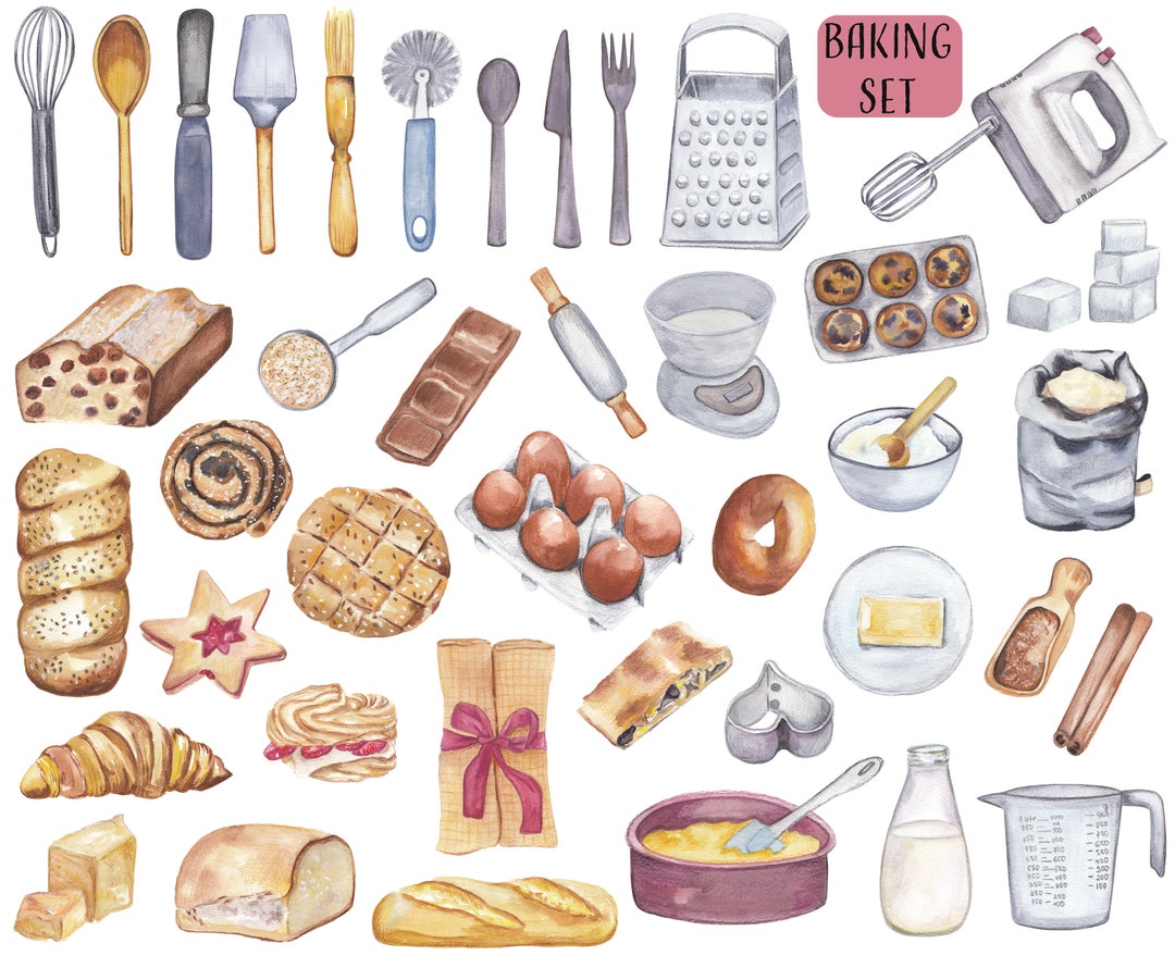 Baking Clipart Watercolor Food Kitchen Tools & Utilities Illustrations ...