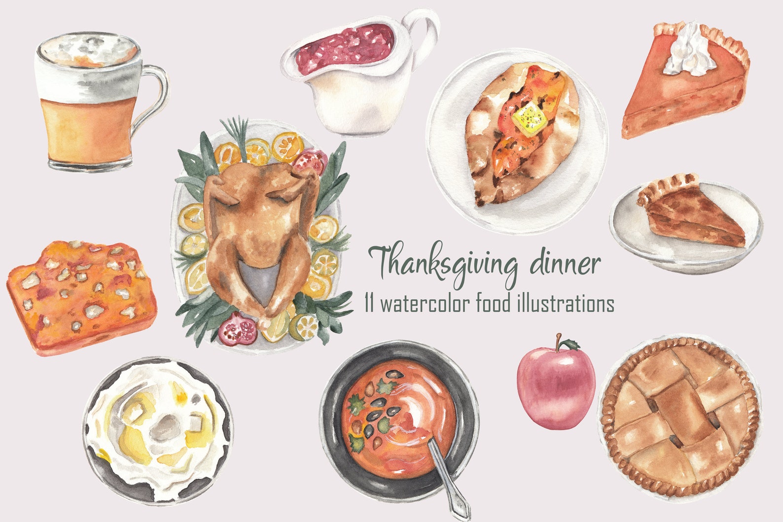 Watercolor Thanksgiving Dinner Food Clipart Pumpkin Soup Bread Pie ...