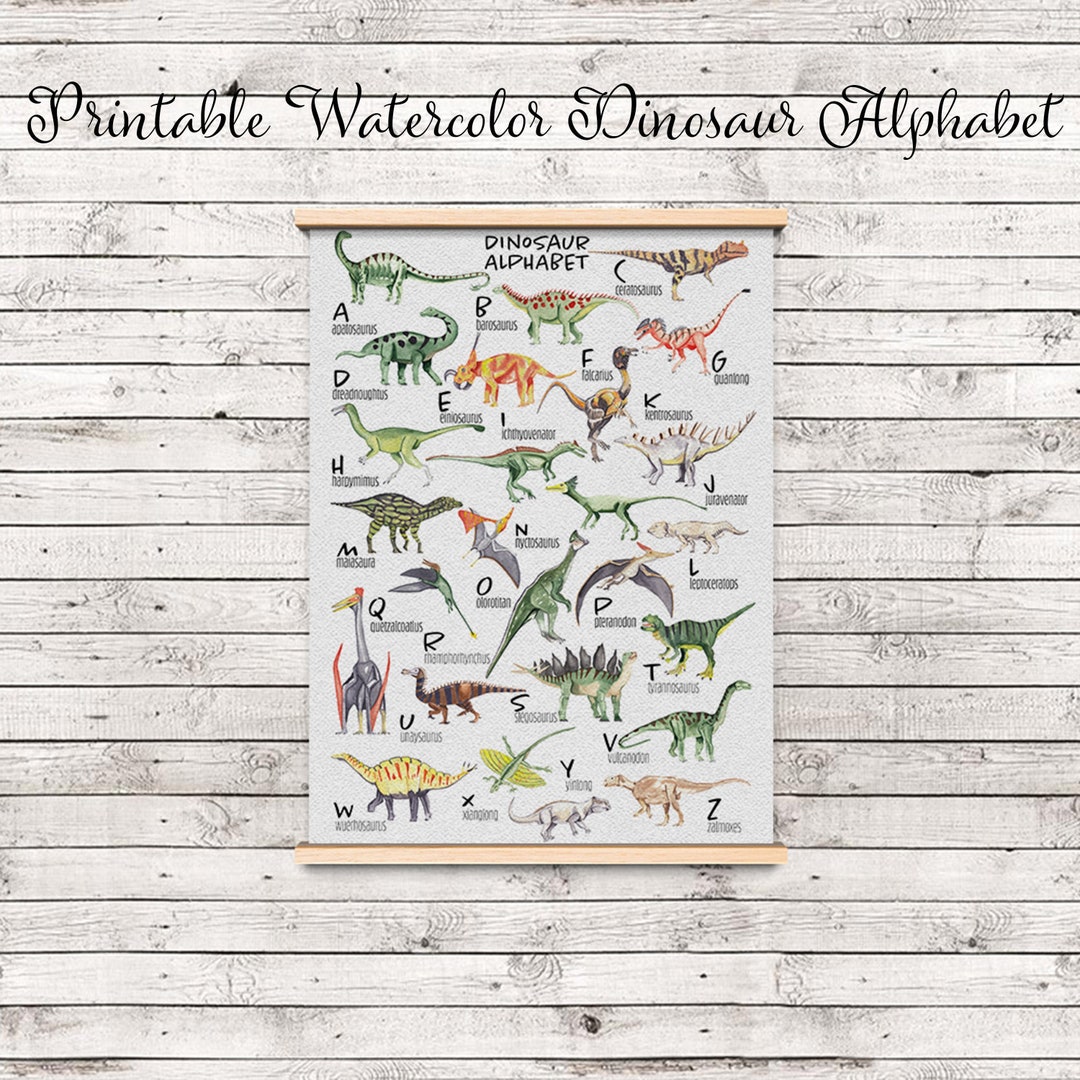 Watercolor Printable Dinosaur Alphabet Dino ABC Poster Hand Painted ...
