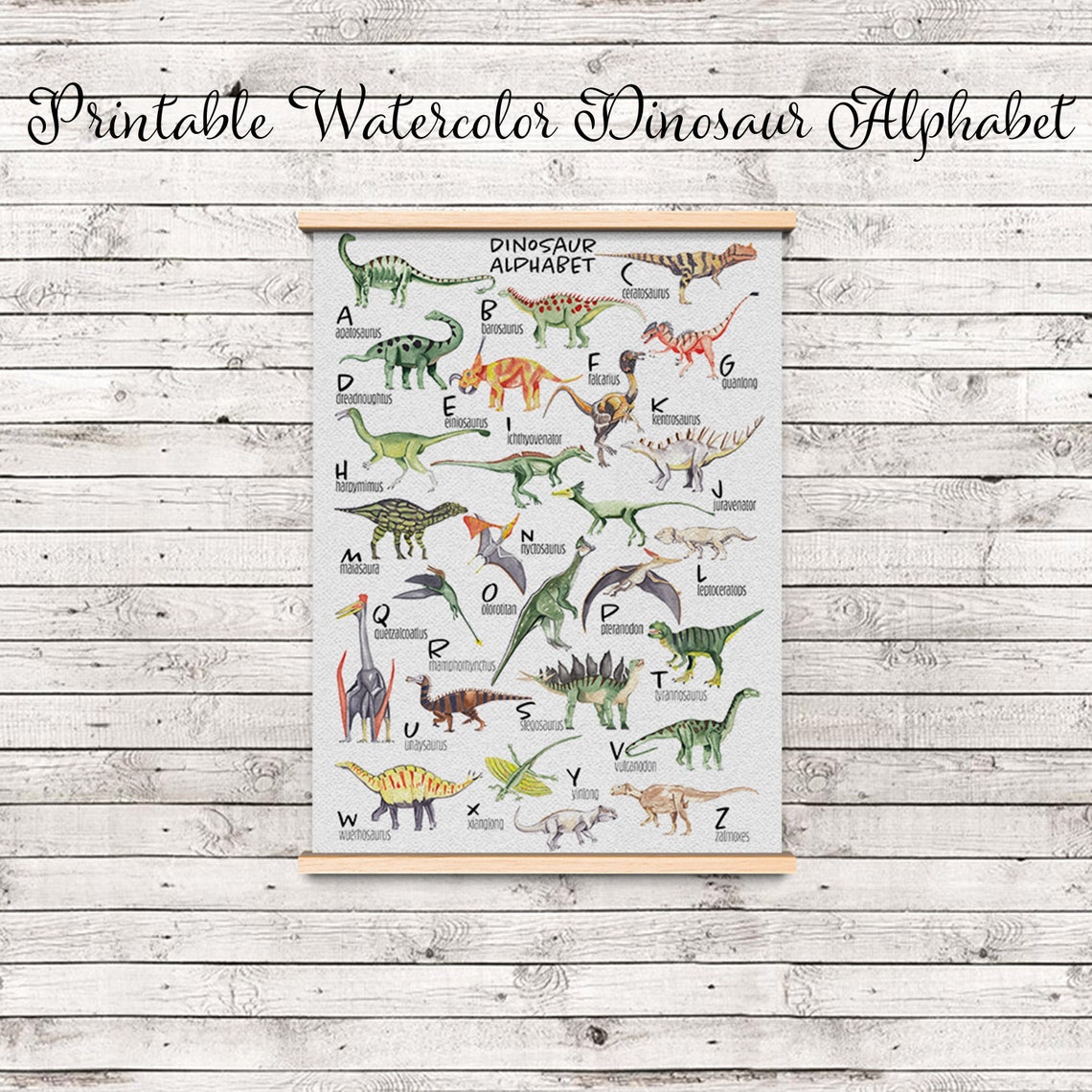 Watercolor Printable Dinosaur Alphabet Dino ABC Poster Hand Painted ...