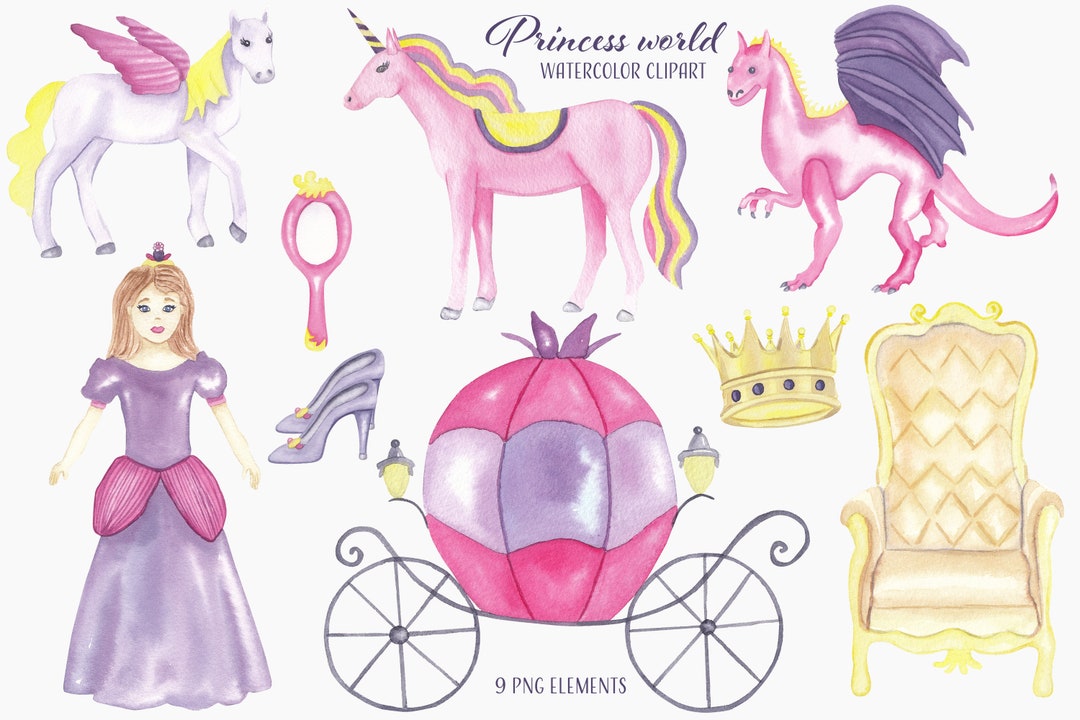 Princess Watercolor Clipart: Unicorn, Dragon, Carriage (digital ...